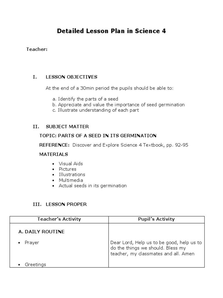 Detailed Lesson Plan in Science 4: Teacher | PDF | Seed | Germination