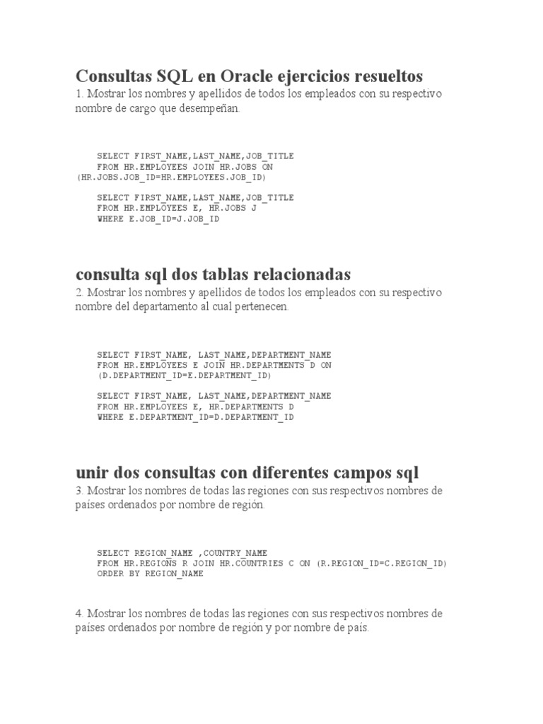 Consultas SQL en Oracle Ejercicios Resueltos | PDF | SQL | Bases de datos