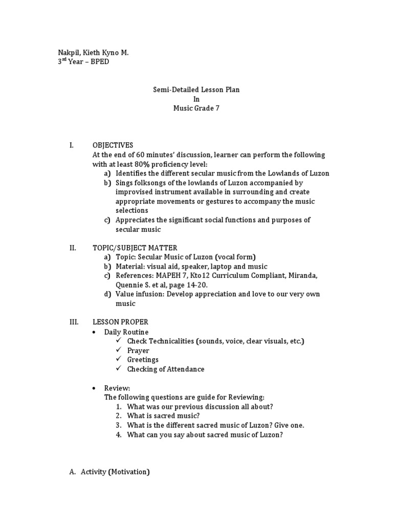 Semi Detailed Lesson Plan in Music g7 | PDF | Songs | Dances