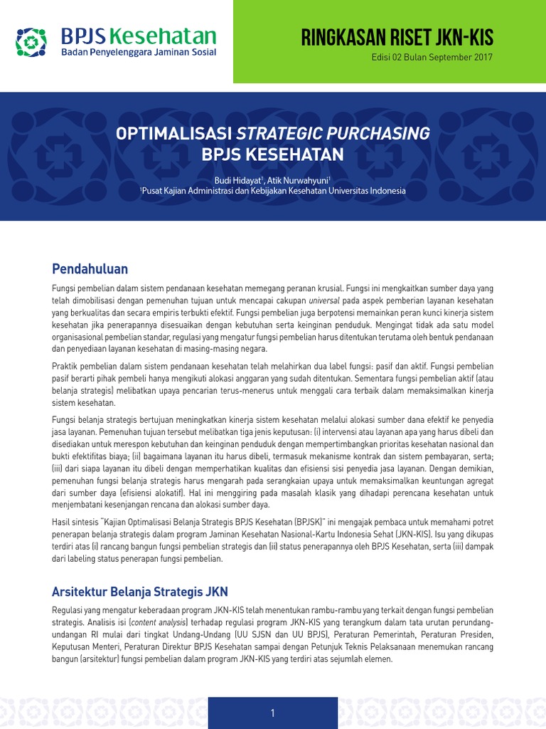 Ringkasan Riset JKN-KIS: Optimalisasi Strategic Purchasing Bpjs Kesehatan | PDF