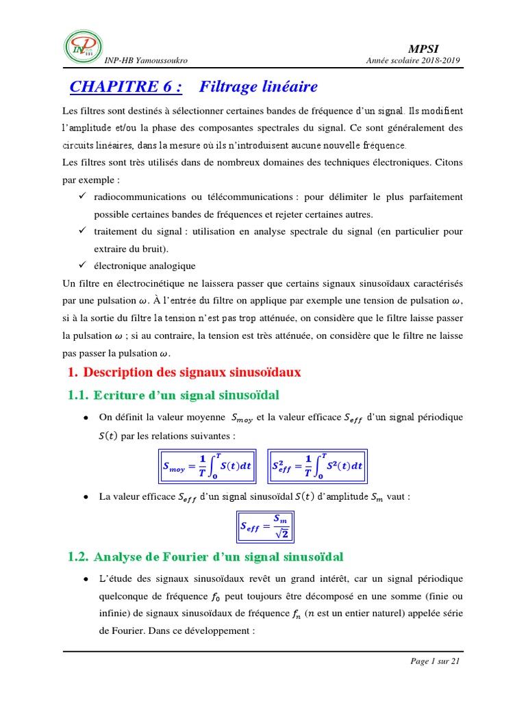 Signaux Physiques-Chapitre 6 - Filtrage Lineaire | PDF | Filtre (électronique) | Filtre passe-bas