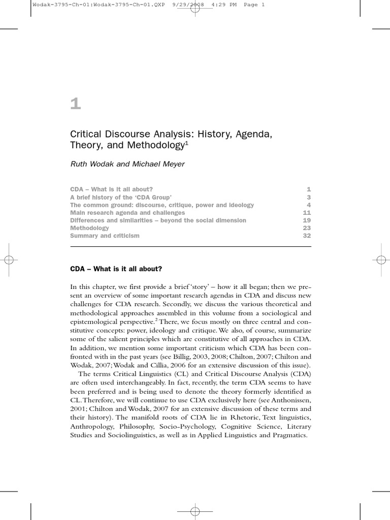 CDA's History, Agenda, Theory and Methodology, WODAK & MEYER 2009 | PDF ...