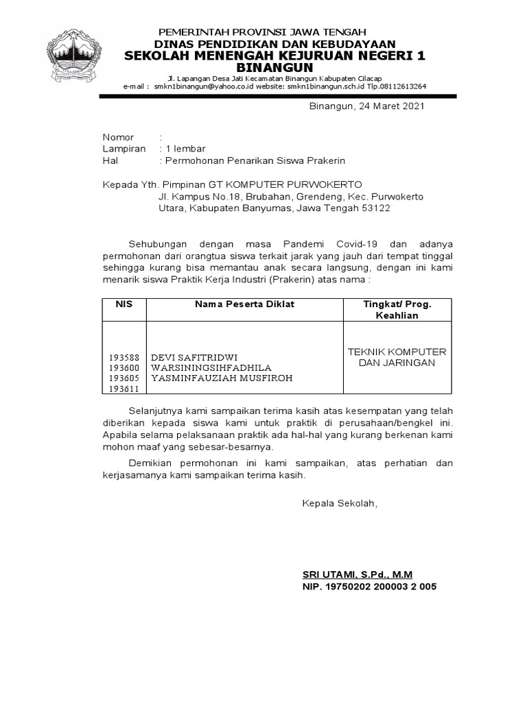 Surat Permohonan Penarikan PKL | PDF