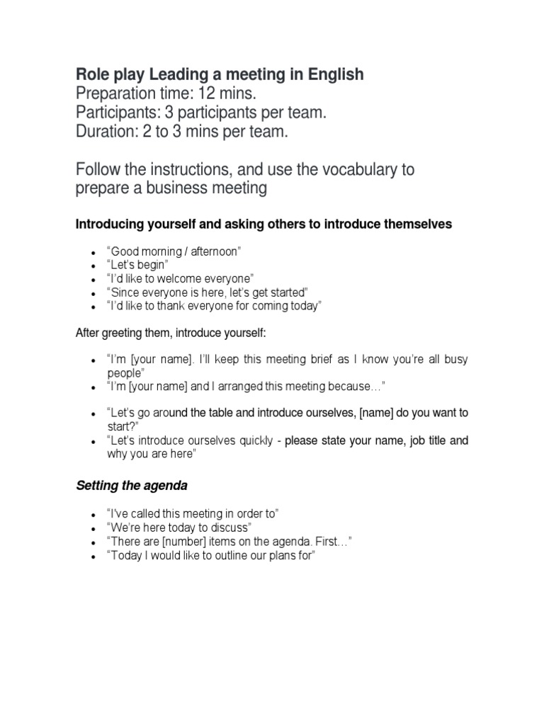 Leading A Meeting Role Play Activity | PDF | Language Arts & Discipline ...