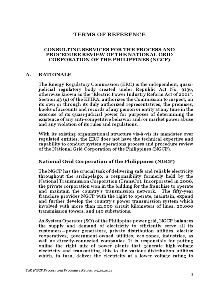 TOR - Process and Procedure Audit - NGCP | PDF | Electrical Grid | Business