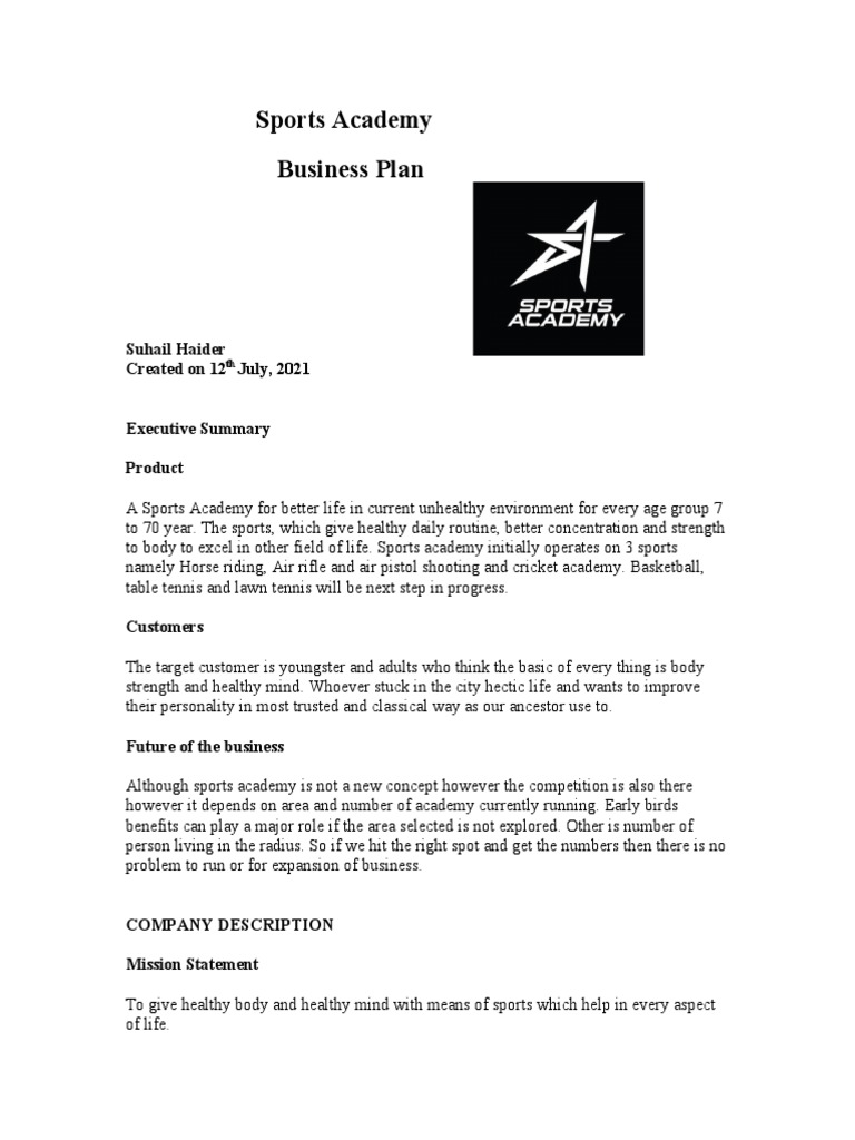 Sports Academy Business Plan: Suhail Haider Created On 12 July, 2021 ...