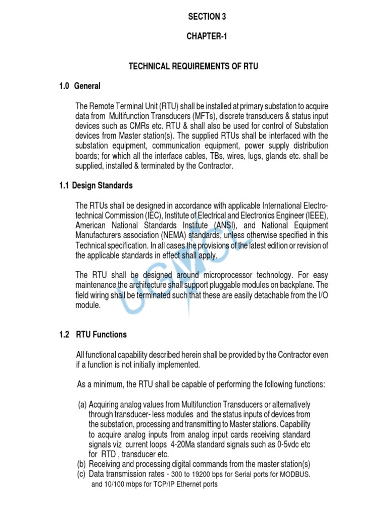 RTU Technical Specifications and Functions | PDF | Relay | Power Supply