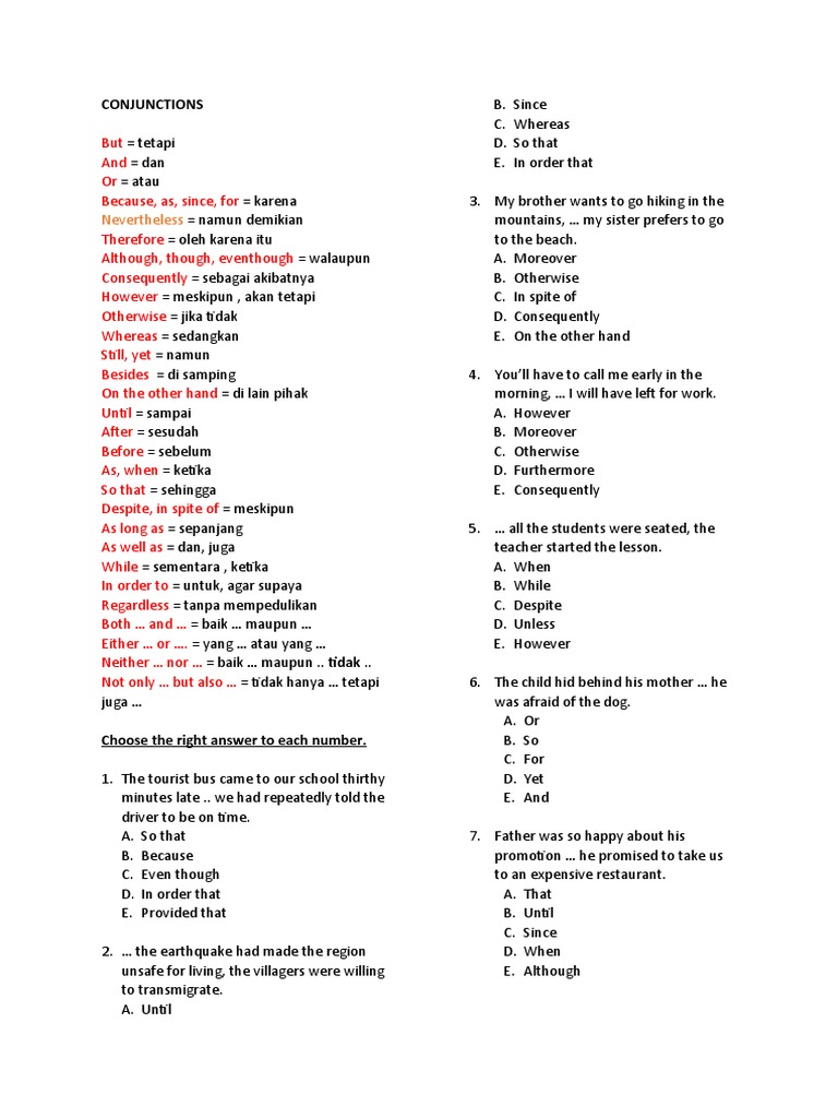 Conjunctions (Quiz - Grade Xii) | PDF