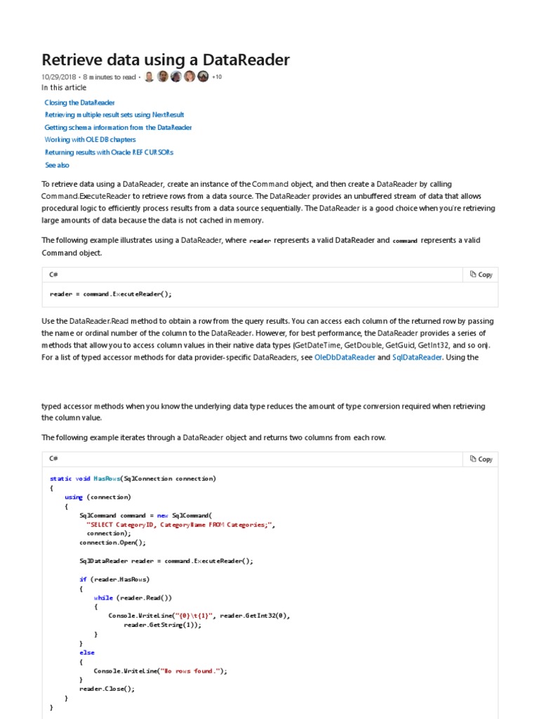 Retrieving Data Using A Datareader Pdf Method Computer Programming C Sharp Programming