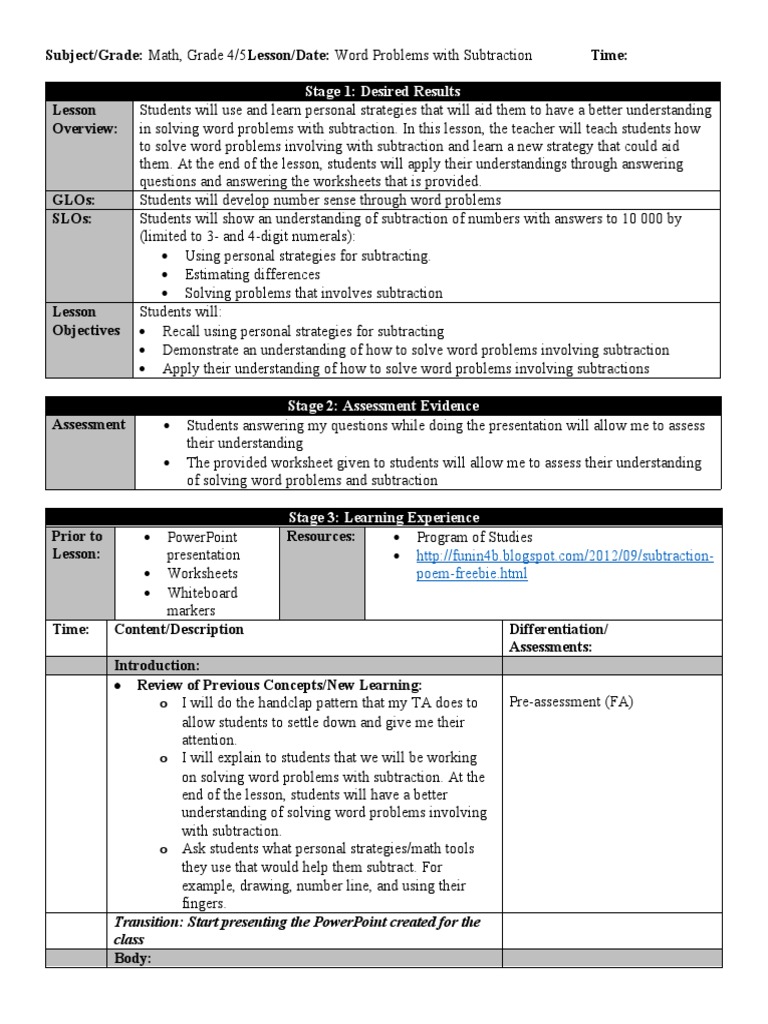 Subtraction Word Problems for Grade 4 | PDF | Worksheet | Lesson Plan