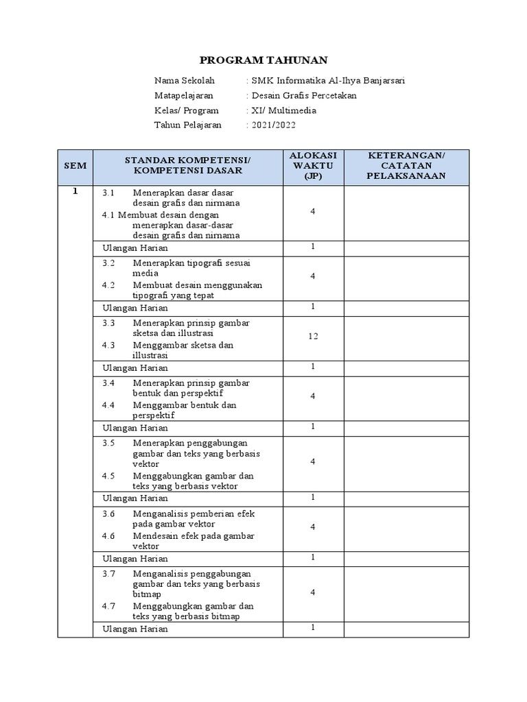 PROGRAM TAHUNAN 2021 - 2022 Desain Grafis Percetakan | PDF | Seni