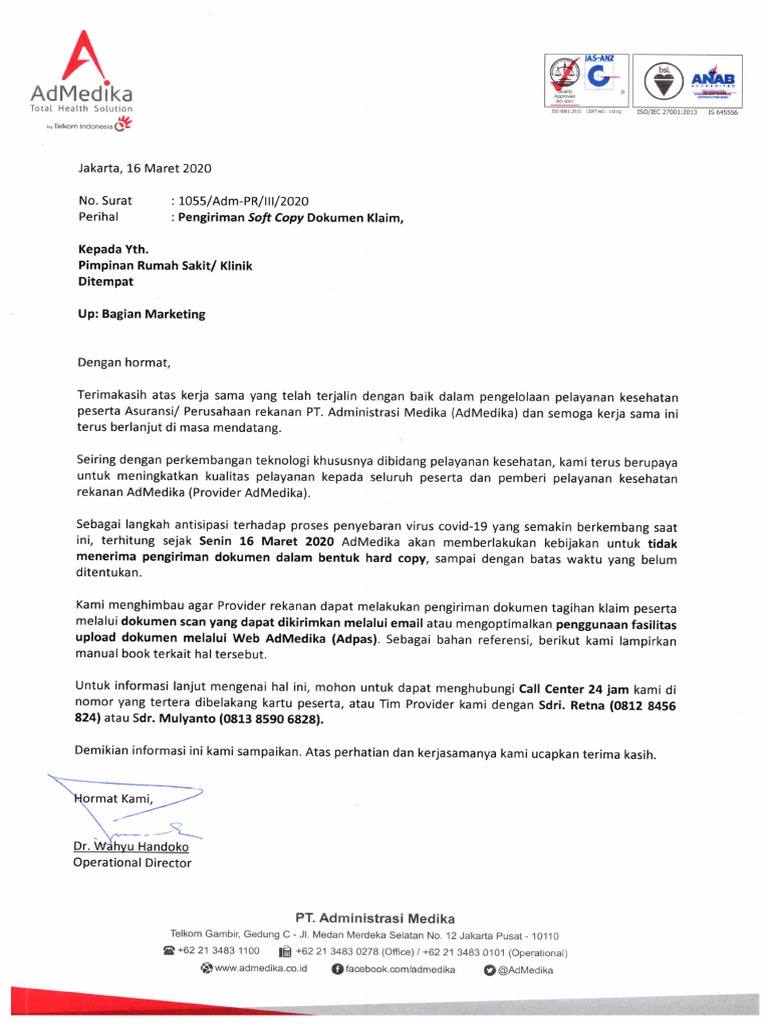 Surat Pemberitahuan Pengiriman Soft Copy Dokumen Klaim Ke Admedika ...