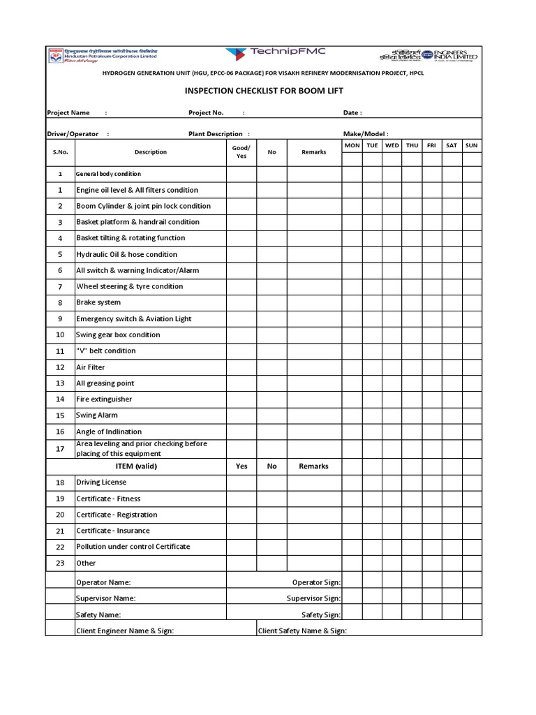 Boom Lift - Daily Checklist | PDF