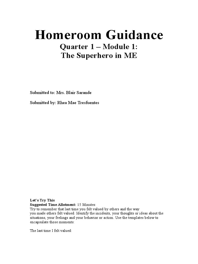 Homeroom Guidance Worksheet | PDF