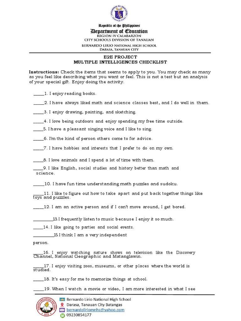 E2E Project Multiple Intelligences Checklist Instructions: Check The Items That Seems To Apply ...