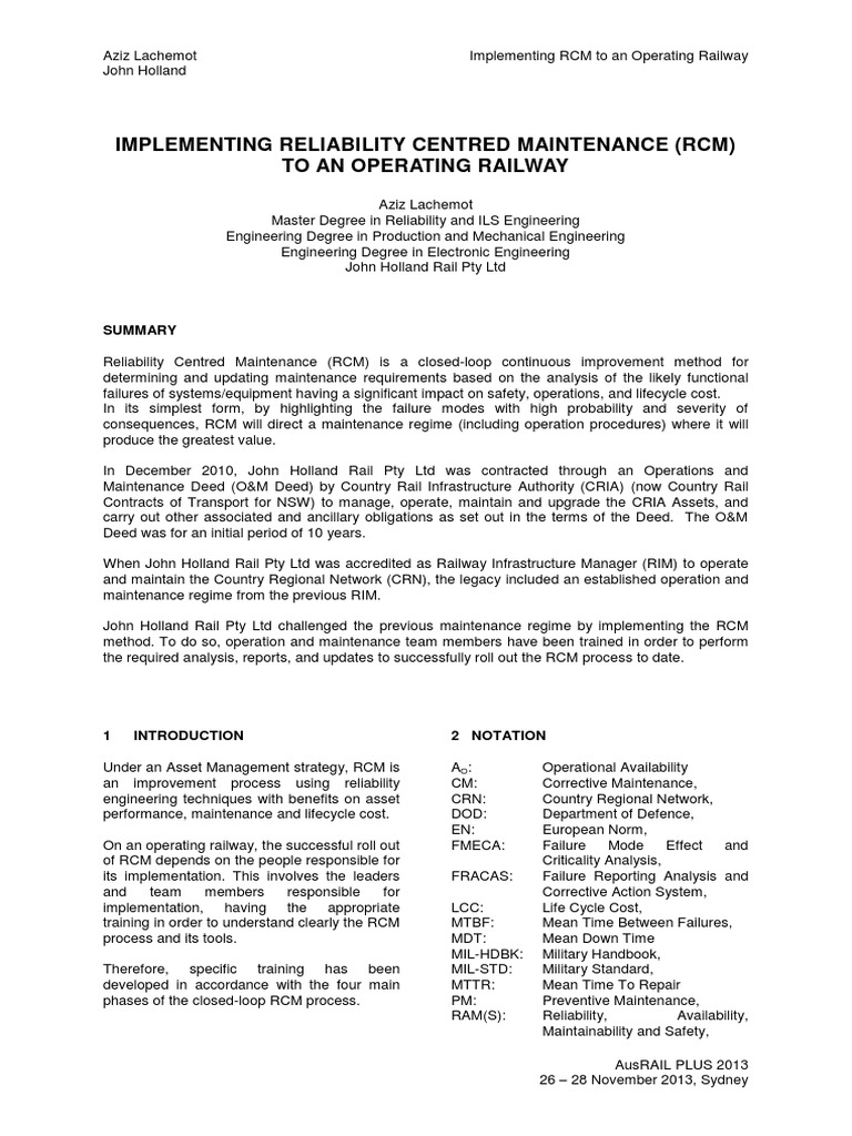 (PAPER) Implementing RCM To An Operating Railway, 2013 | PDF | Reliability Engineering | Systems ...