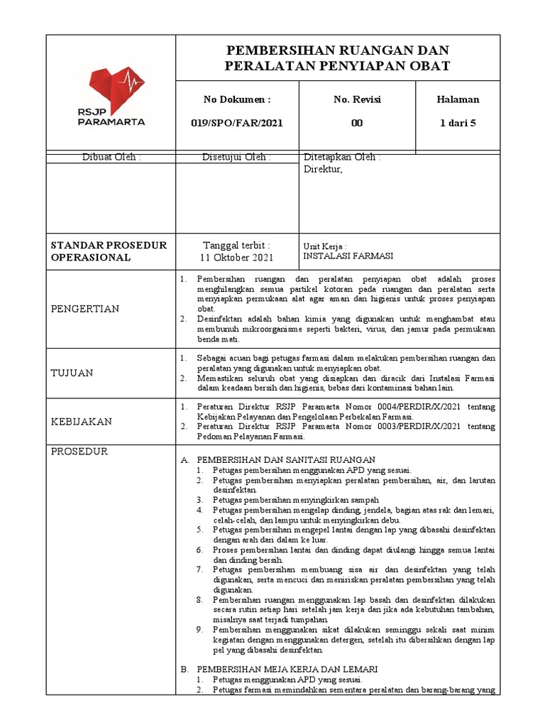 019 SPO Pembersihan Ruangan Dan Peralatan Penyiapan Obat | PDF