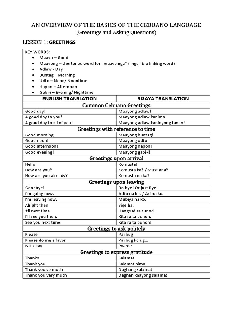 An Overview of The Basics of The Cebuano Language: (Greetings and ...