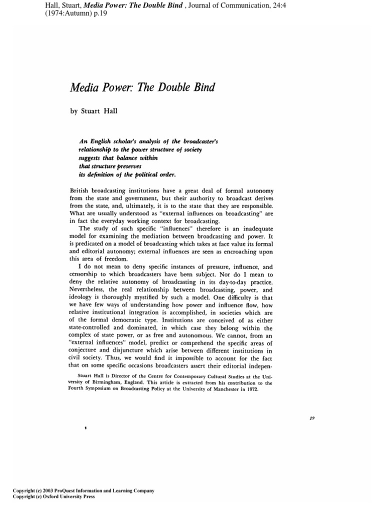Stuart Hall - Media Power - The Double Bind | PDF