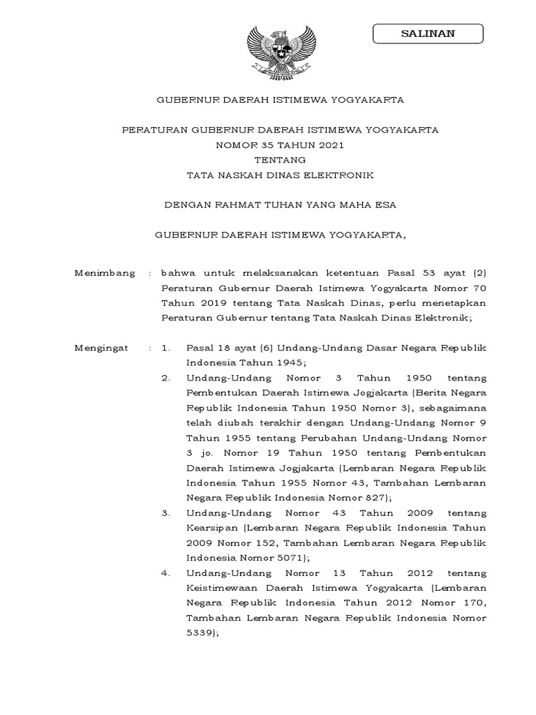 Pergub DIY No.35 Tahun 2021 TTG Tata Naskah Dinas Elektronik | PDF