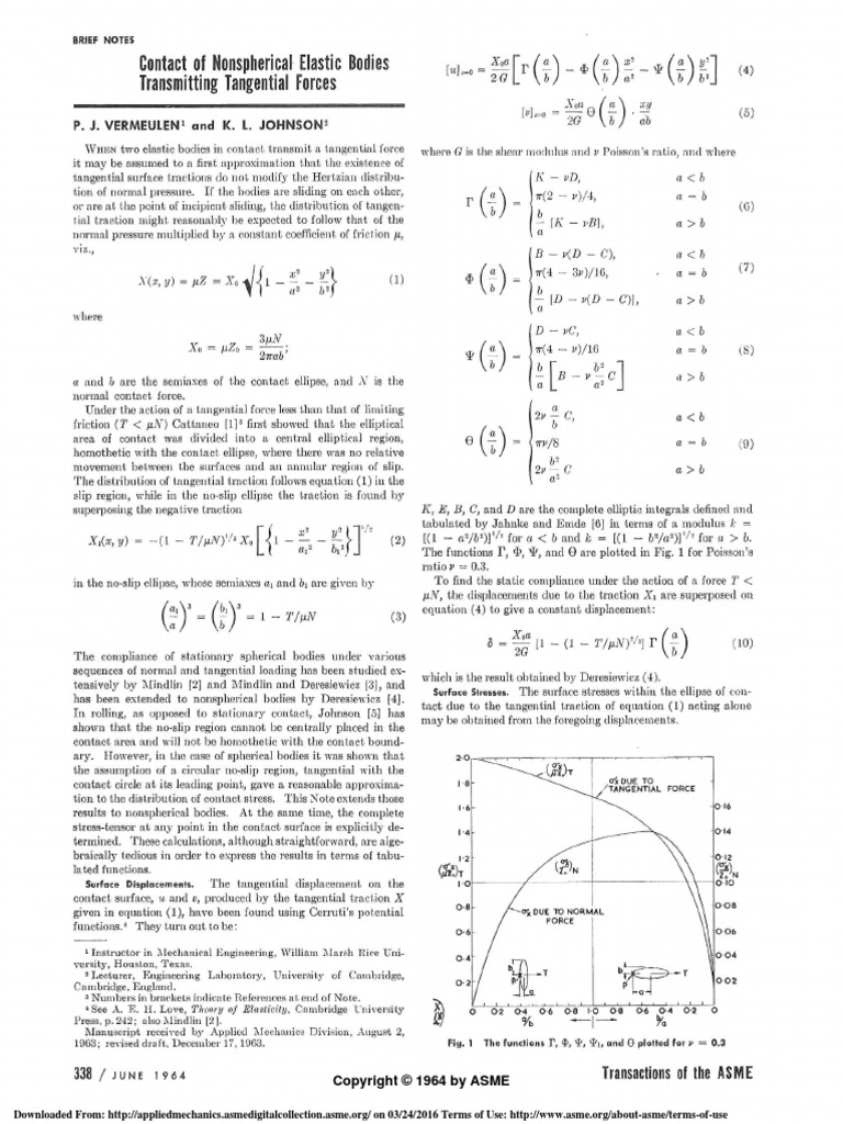 Contact of Non-Spherical Elastic Bodies Transmitting Tangential Forces - KL Johnson | PDF ...