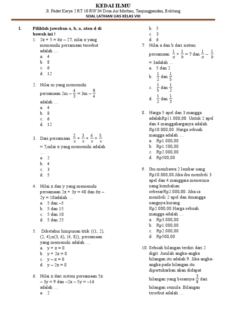 Soal MTK Kelas VIII | PDF