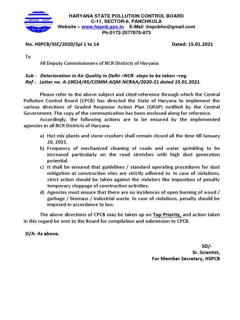 No. HSPCB/SSC/2020/Spl 1 To 14 Dated: 15.01.2021 | PDF | Natural ...