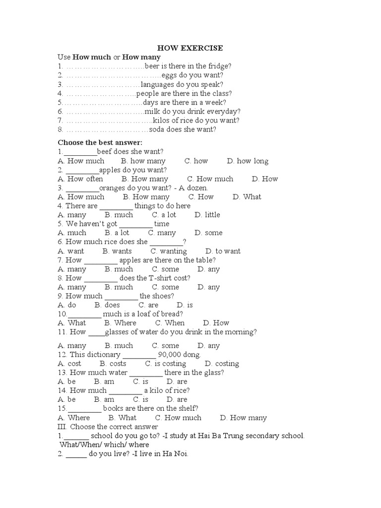 BÀI TẬP HOW MANY, HOW MUCH, HOW OFTEN, HOW LONG | PDF