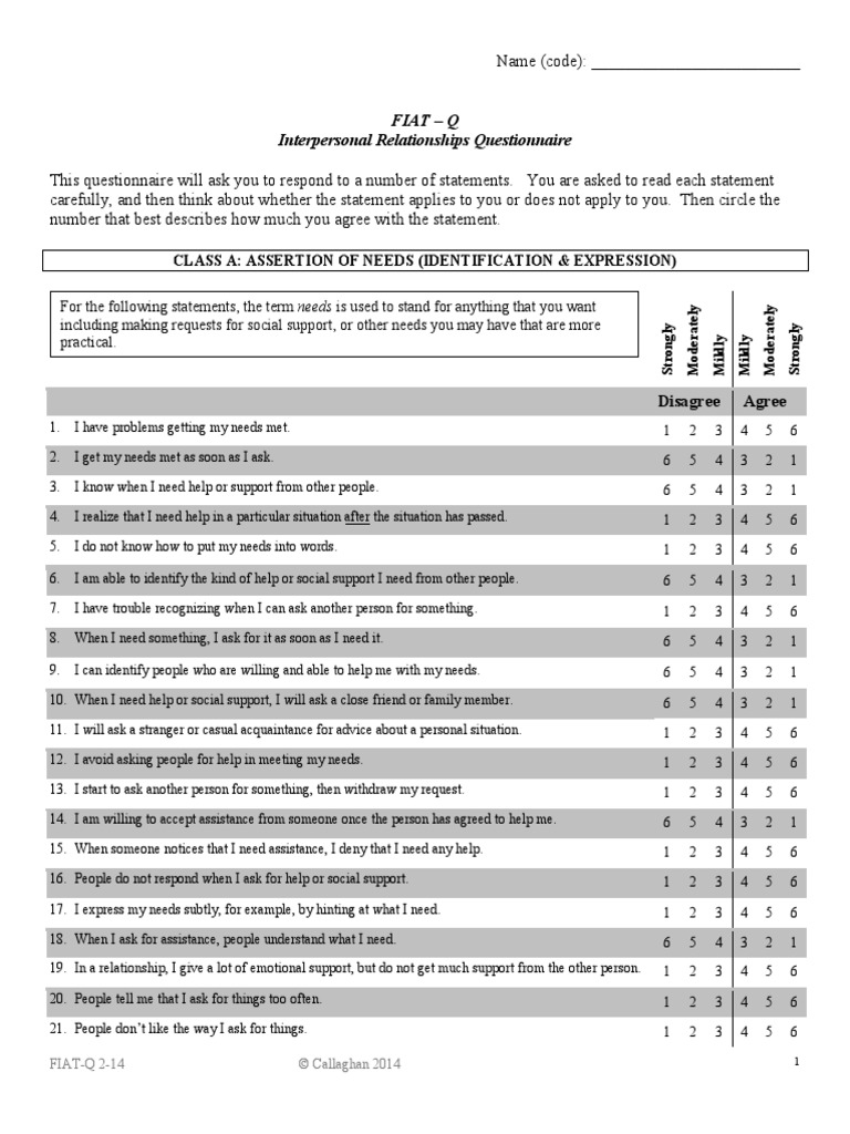 Fiat - Q Interpersonal Relationships Questionnaire: Class A: Assertion ...