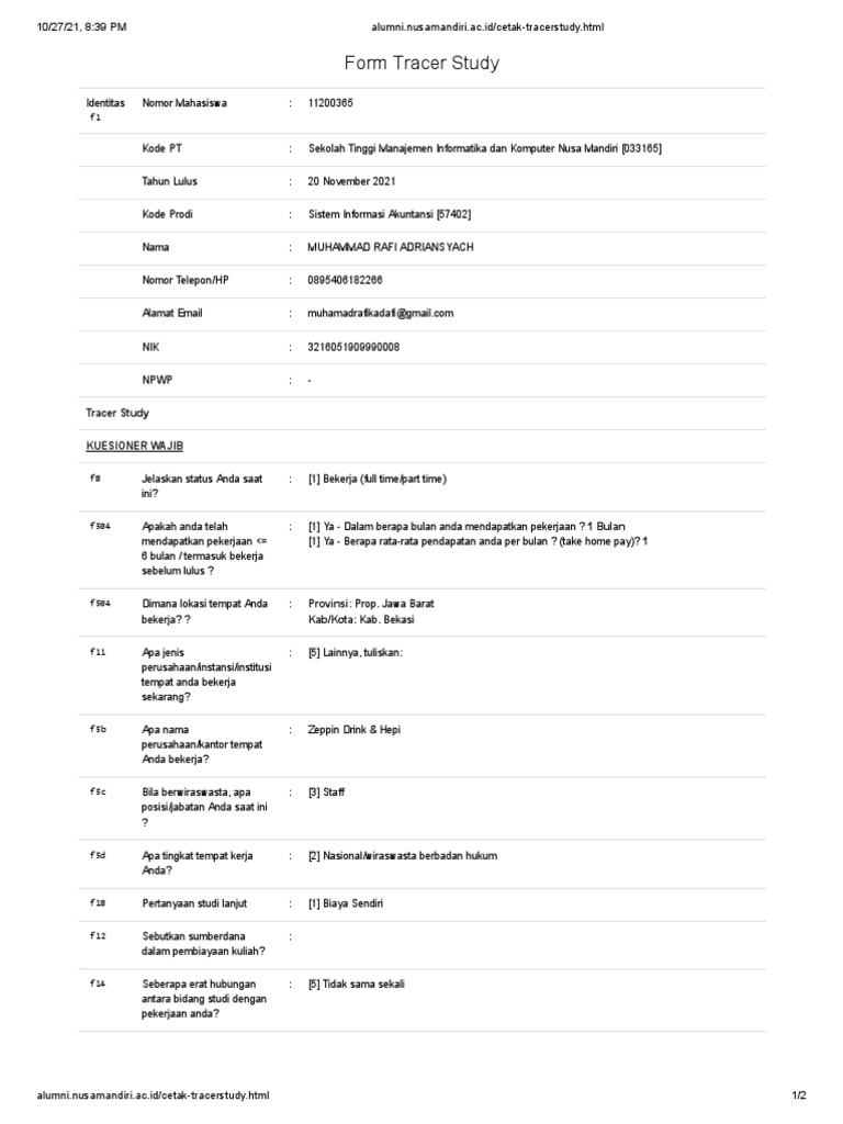 Formulir Tracer Study Alumni Nusa Mandiri | PDF