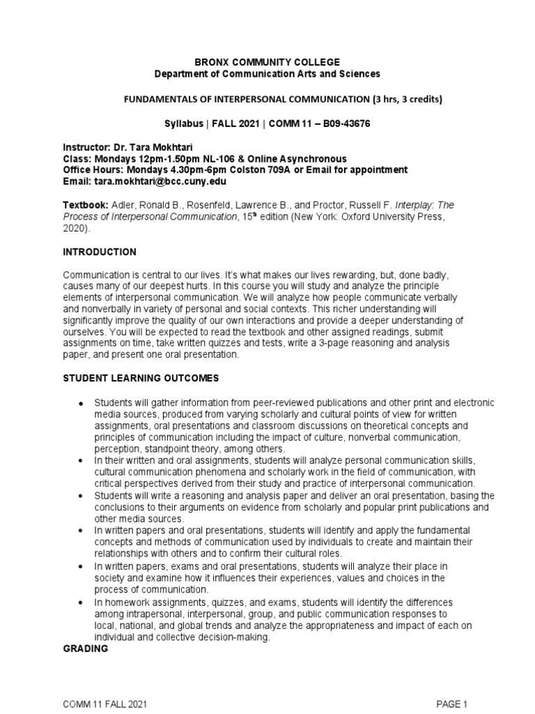 COMM 11 Syllabus - Fall 2021 | PDF | Communication | Interpersonal ...