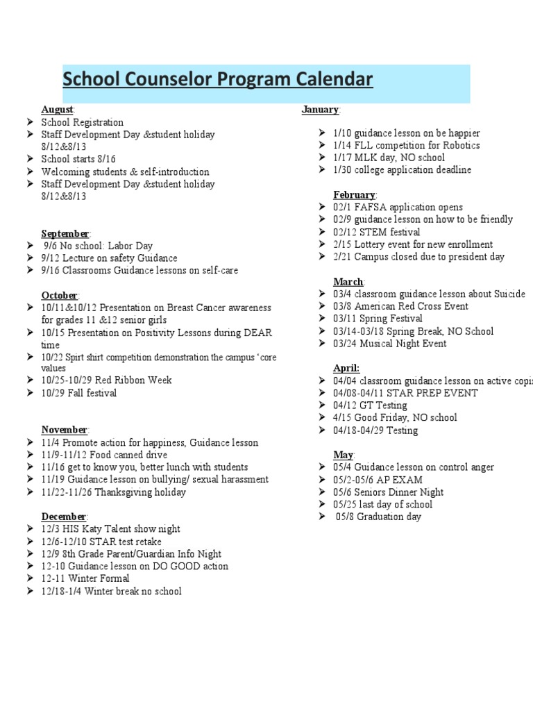 School Counselor Program Calendar | PDF