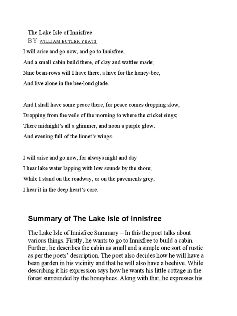 Summary of The Lake Isle of Innisfree: William Butler Yeats | PDF | Art ...