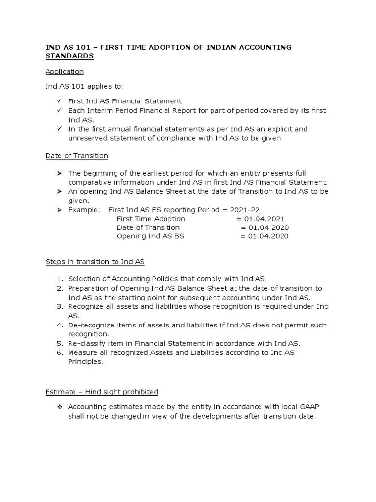 Ind As 101 - First Time Adoption of Indian Accounting Standards | PDF ...