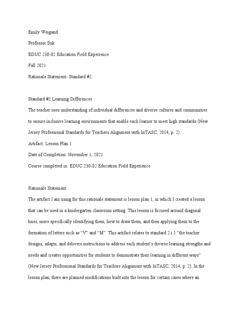 Rationale Statement For Lesson Plan 1 | PDF | Lesson Plan | Teachers