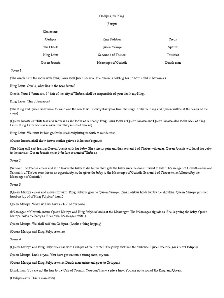 Oedipus, The King (Script) | PDF | Oedipus | Theban Mythology