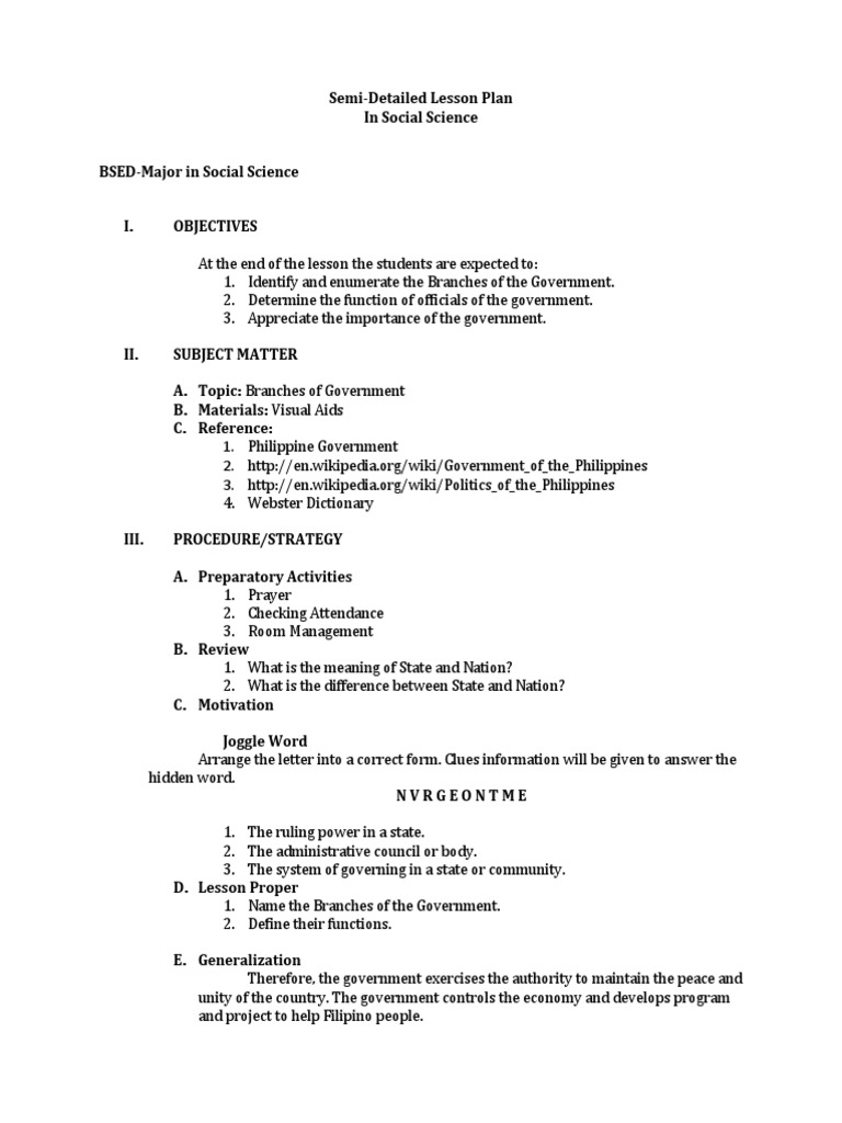 Lesson Plan: Philippine Government Branches | PDF | Separation Of ...