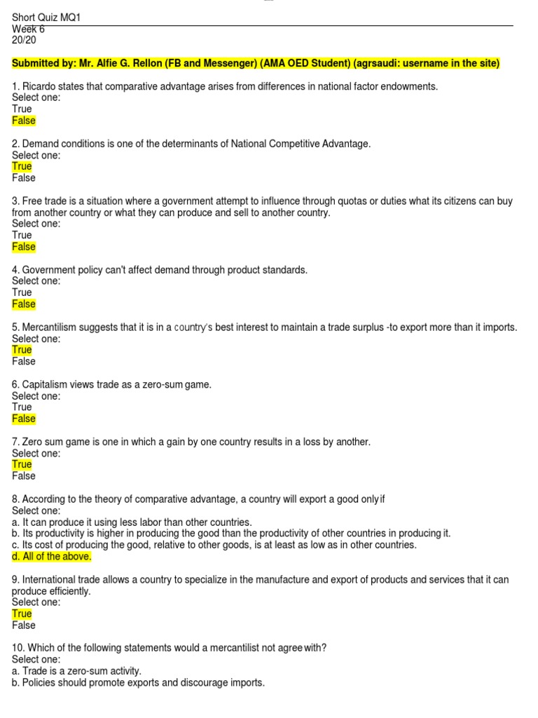 International Trade and FDI Quiz | PDF | Comparative Advantage ...