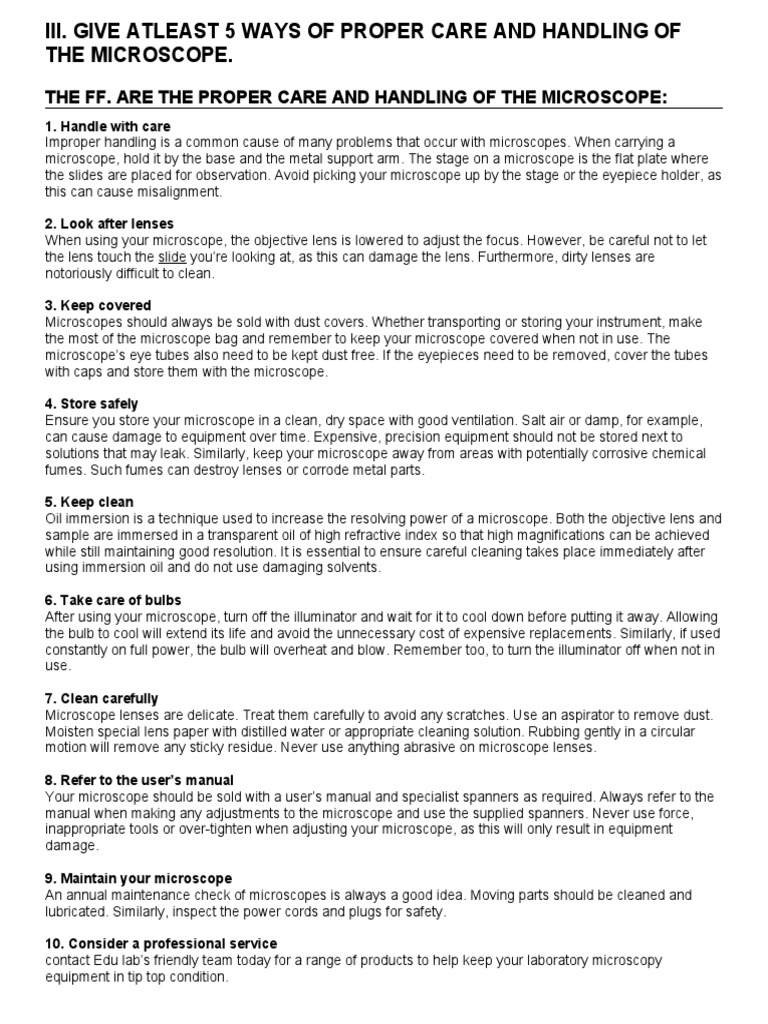 III. Proper Handling of Microscope | PDF | Microscope | Glass ...