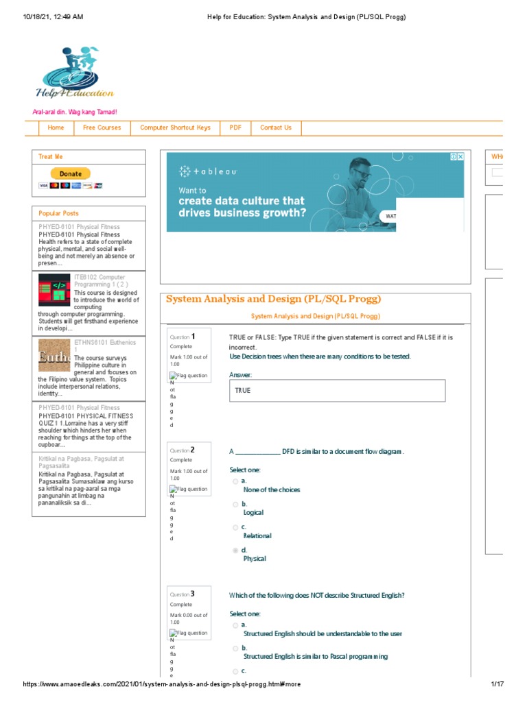 System Analysis and Design (PL/SQL Progg) : Home Free Courses Computer Shortcut Keys PDF Contact ...