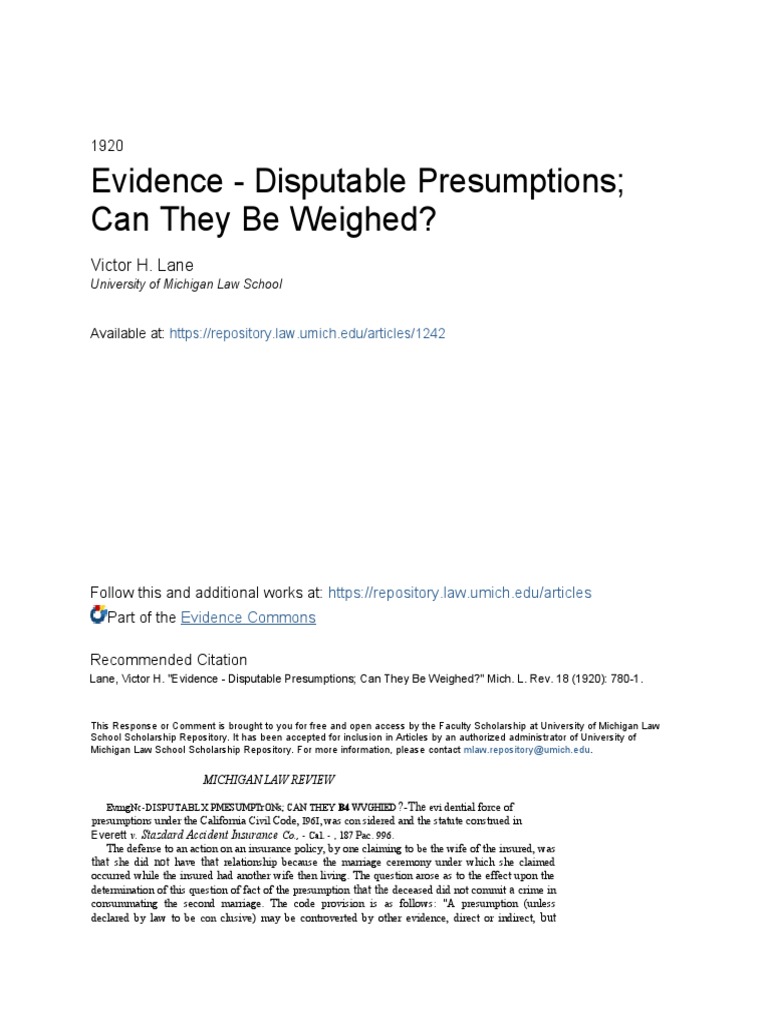 Evidence - Disputable Presumptions Can They Be Weighed?: Victor H. Lane ...