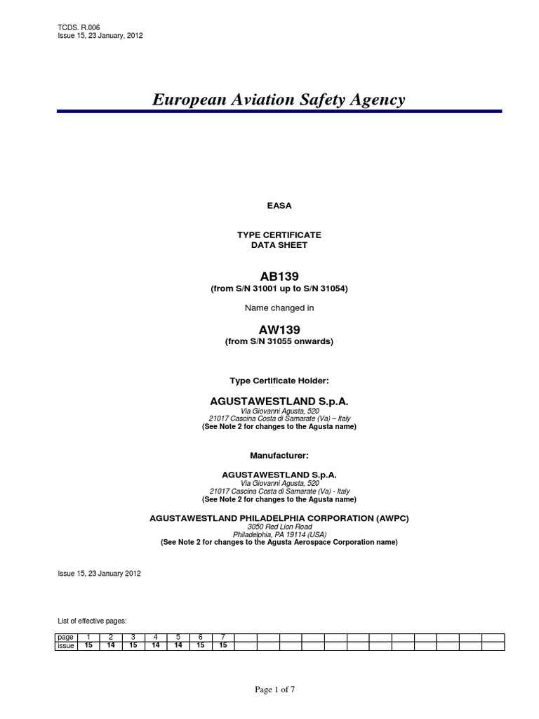 EASA-TCDS-R.006 Agusta AB139 and AW139-15-23012012 | PDF | Visual ...