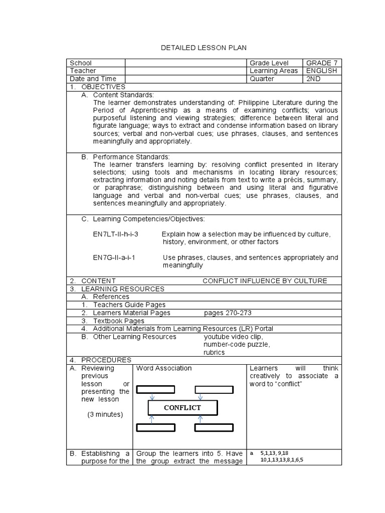 Grade 7 English Lesson Plan on Conflict | PDF | Learning | Sentence ...