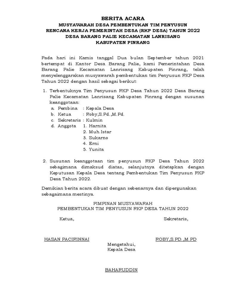 Musyawarah Pembentukan Tim RKP Desa | PDF