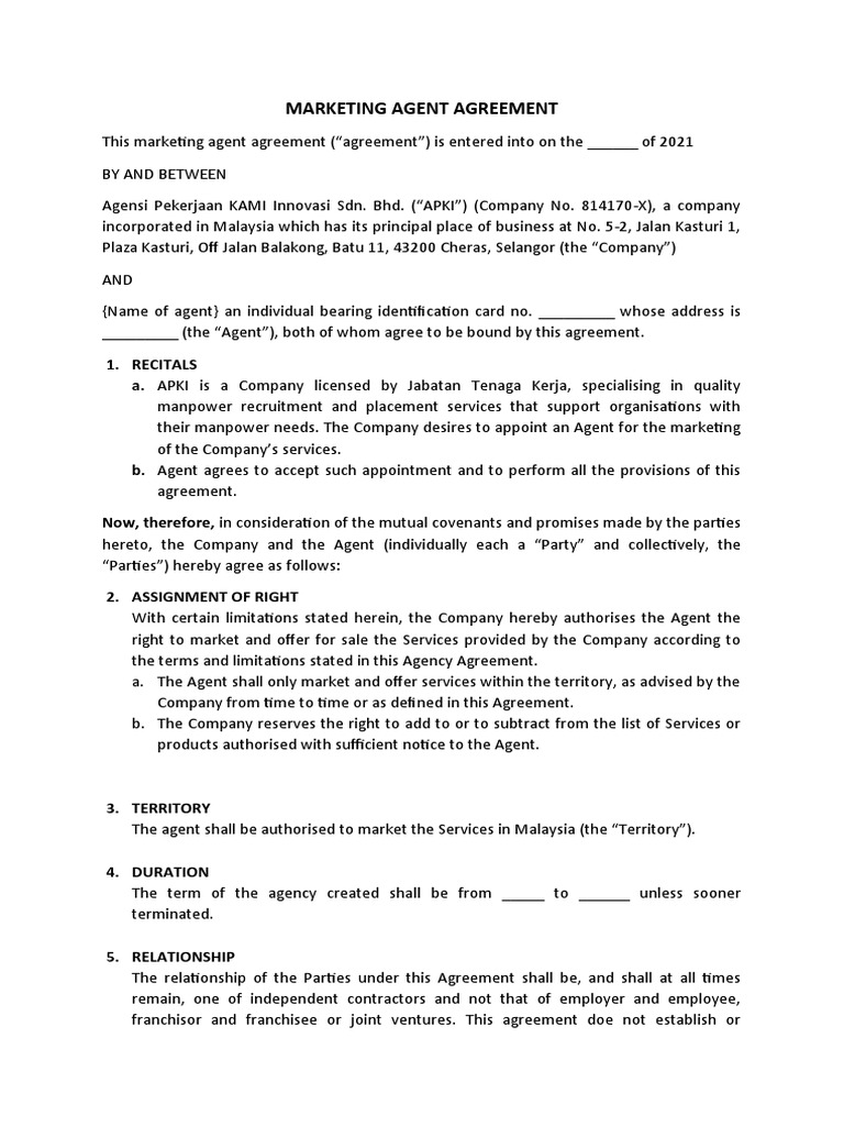 Marketing Agent Agreement | PDF | Law Of Agency | Franchising
