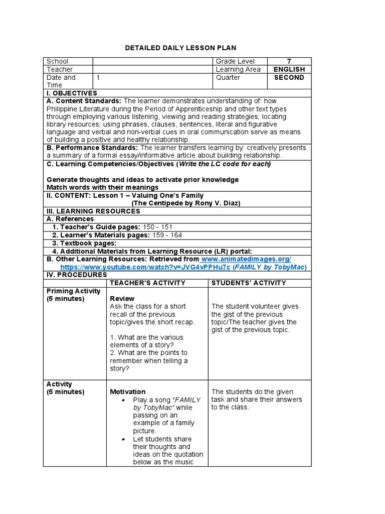 Daily Lesson Plan: Valuing Family in English | PDF | Nonverbal ...