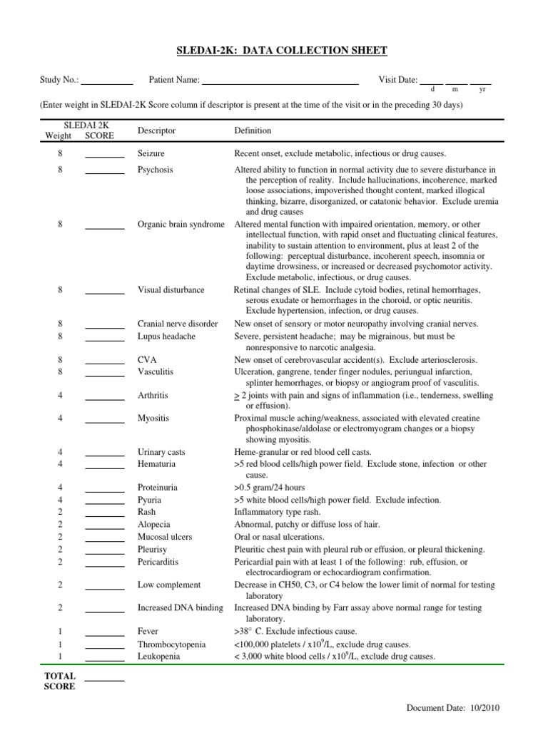Sledai-2K: Data Collection Sheet: Total Score | Download Free PDF ...