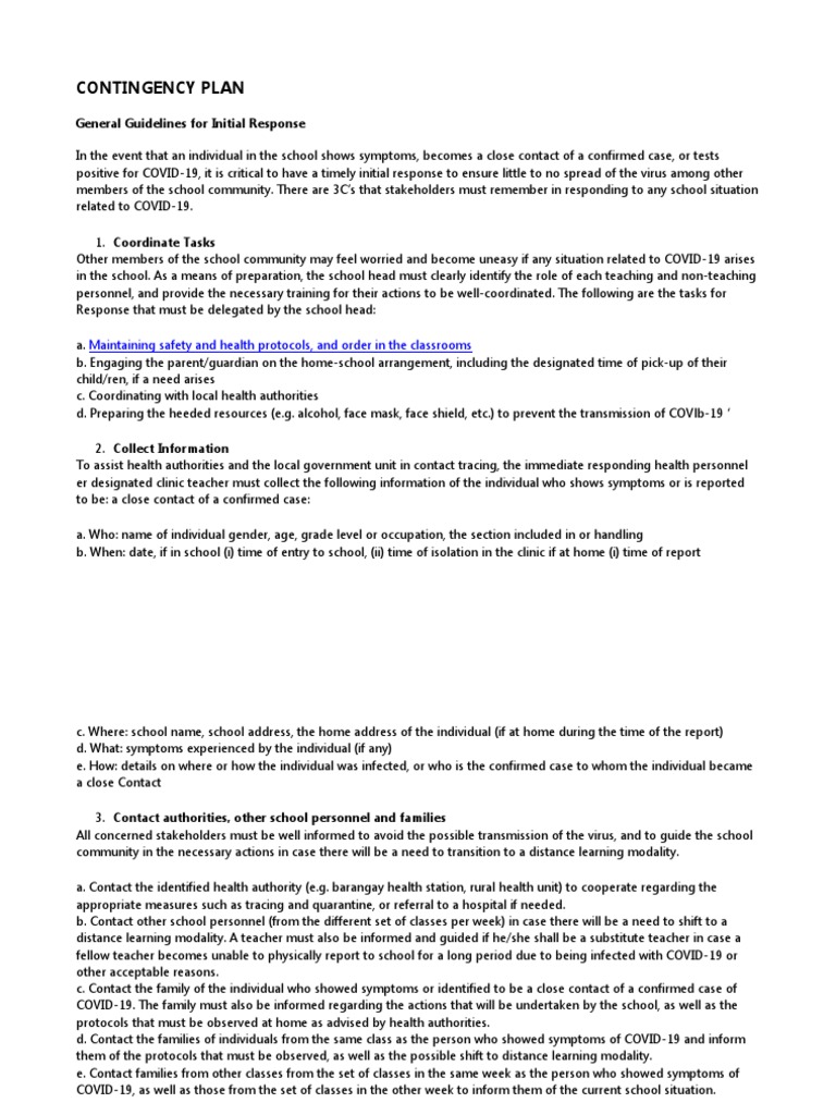 Contingency Plan - F2F Class | PDF | Infection | Learning