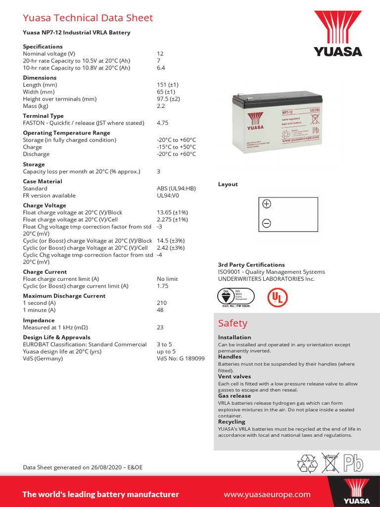 Yuasa Technical Data Sheet: The World's Leading Battery Manufacturer ...