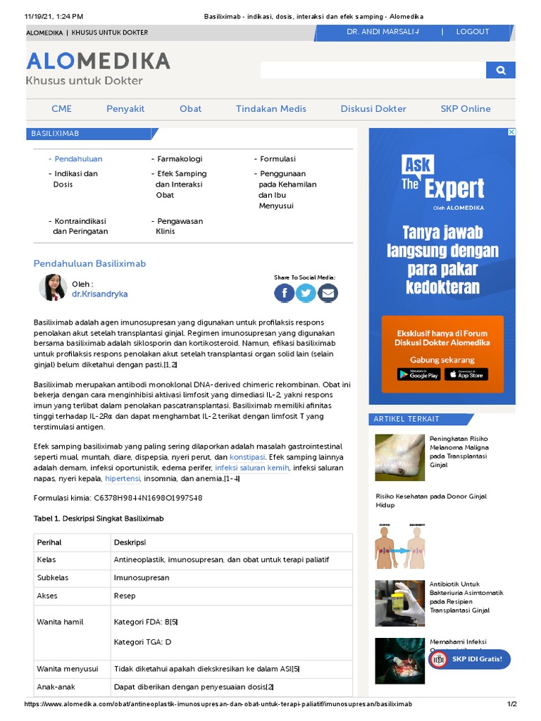 Basiliximab - Indikasi, Dosis, Interaksi Dan Efek Samping - Alomedika | PDF